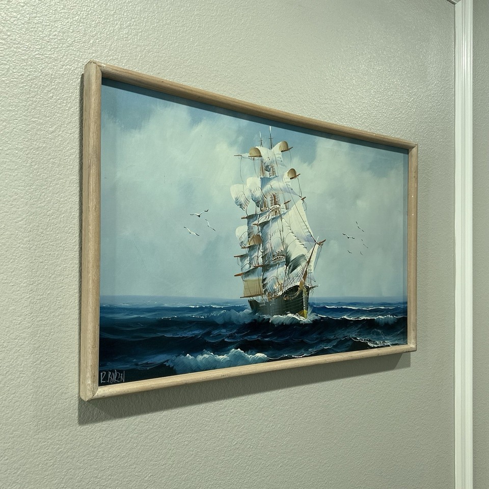 Clipper Sail Ship in Rough Seas Signed by R. Boren Nautical Oil ...