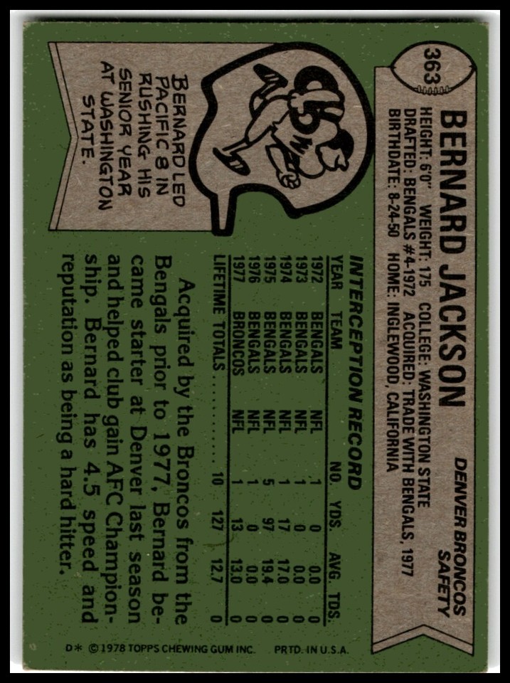 1978 Topps #363 Bernard Jackson Denver Broncos | eBay