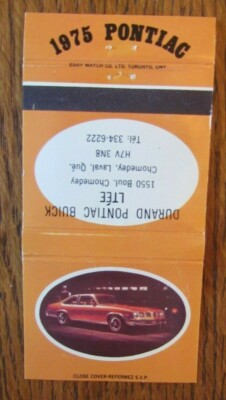 1975 DURAND PONTIAC BUICK CAR DEALER MATCHBOOK MATCHCOVER (LAVAL ...