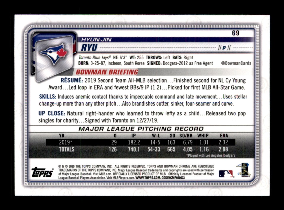 2020 Bowman Chrome #69 Hyun-jin Ryu Toronto Blue Jays Baseball Card | eBay