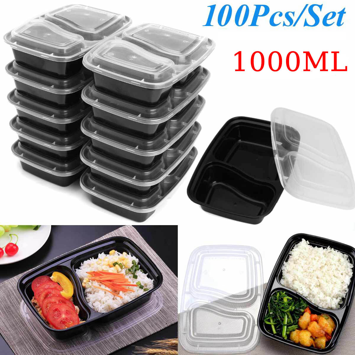 100 Pack 35oz Food Container Meal Prep Microwavable Disposable Plastic ...