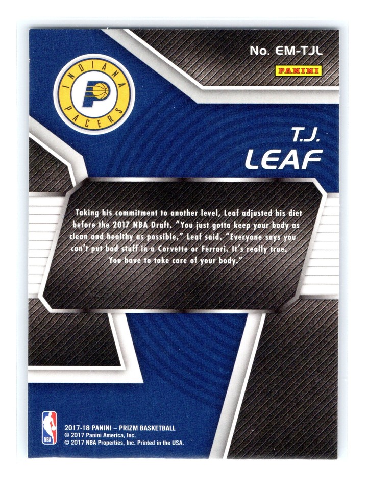 2017-18 Panini Prizm Basketball #EM-TJL T.J. Leaf Emergent Indiana ...