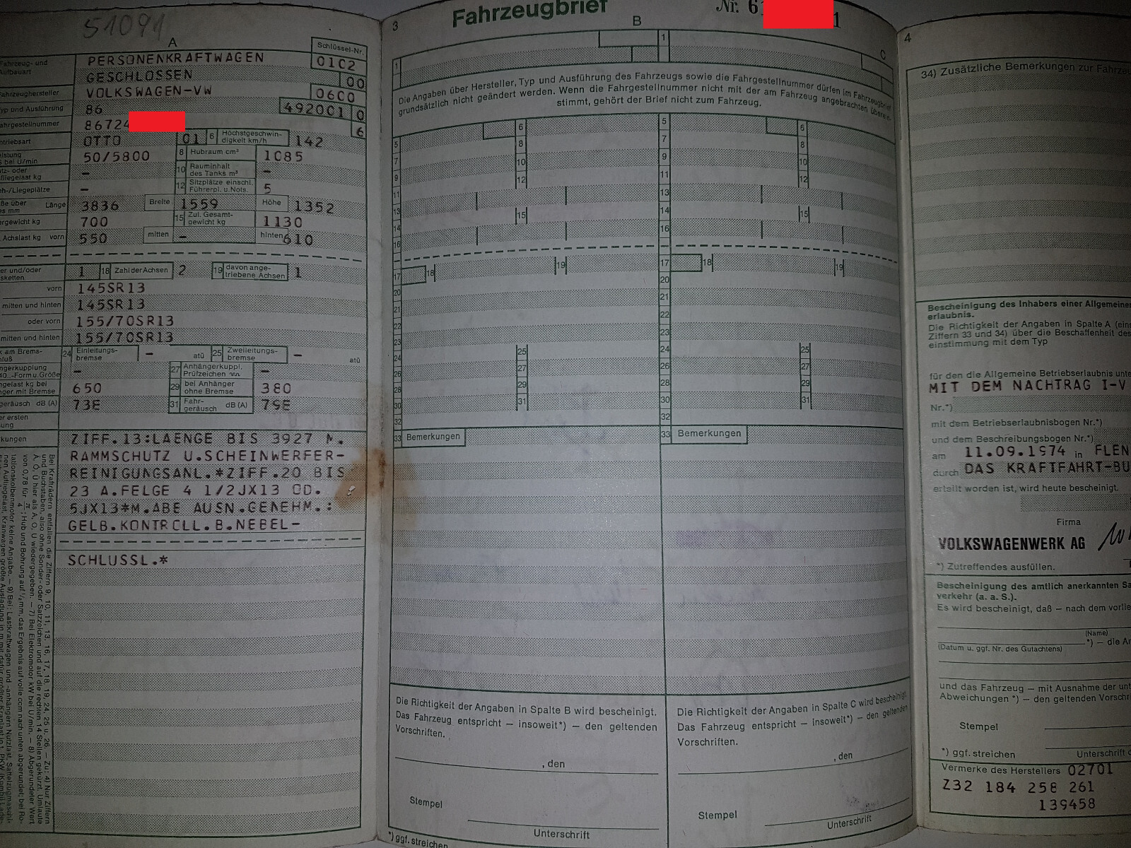 Fahrzeugbrief KFZ Brief 1977 VW Derby (Typ 86) 1,1 50PS für Tüv Sammler ...