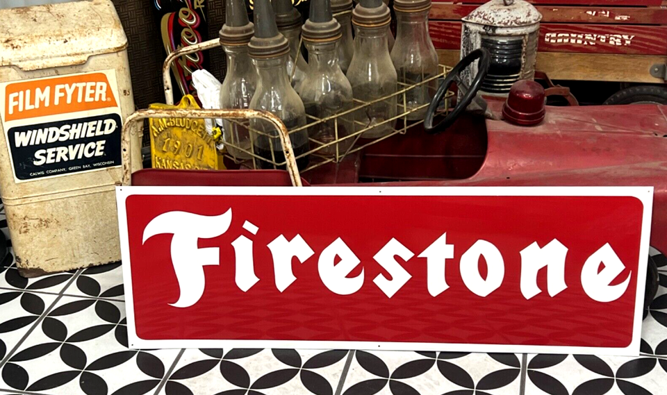 36" FIRESTONE VINTAGE style Hand Painted Metal SIGN TIRES CAR TRUCK ...