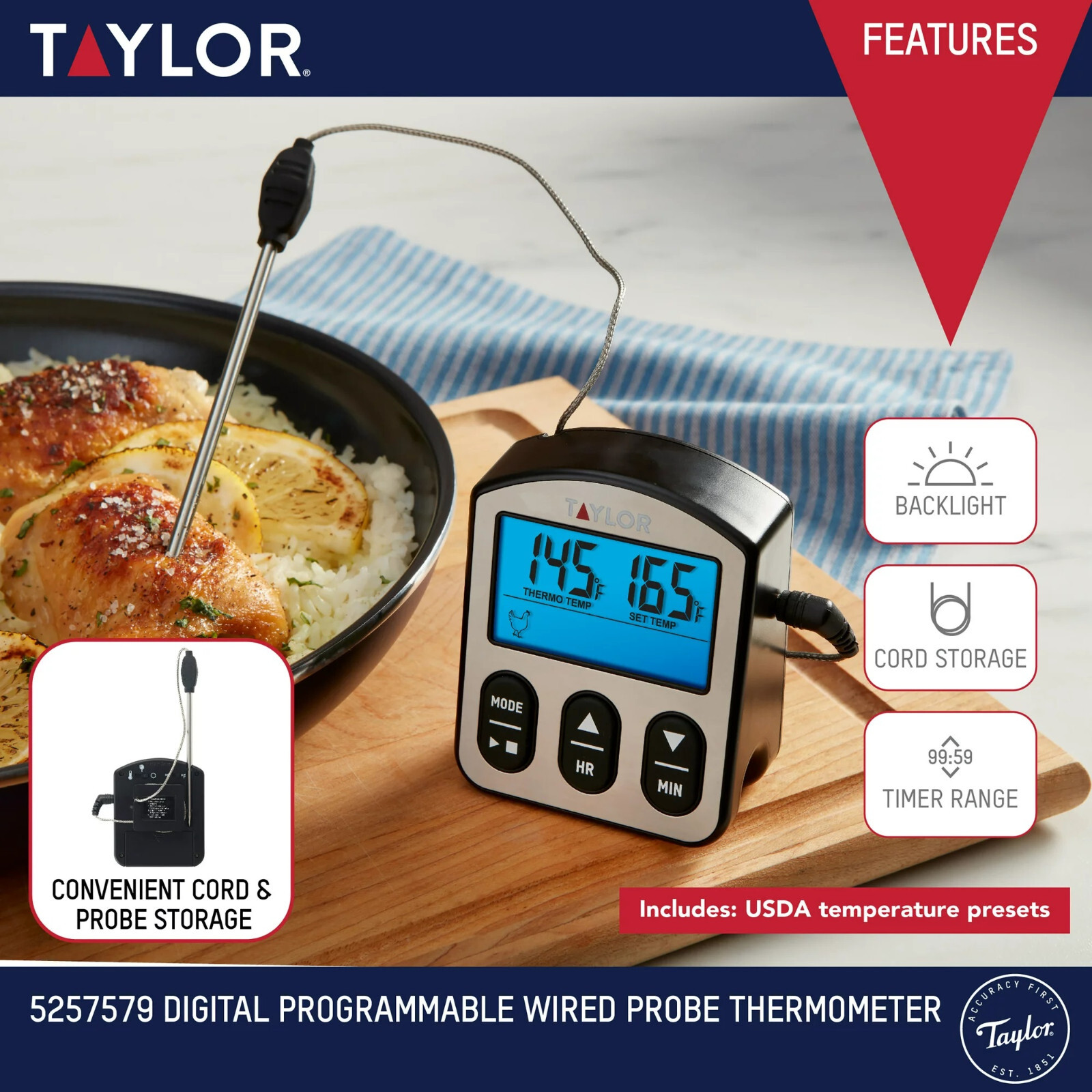 Taylor PROGRAMMABLE WIRED PROBE DIGITAL THERMOMETER Kitchen Food Meat ...