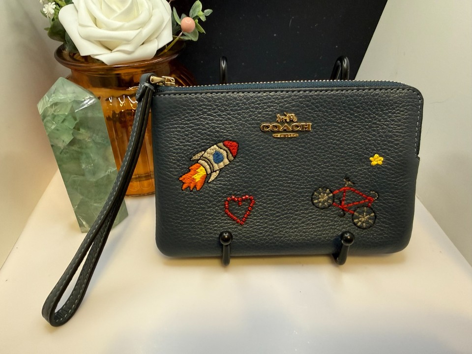 NWT Coach Corner Zip Wristlet Blue Leather Embroidered Rocket, Bike ...