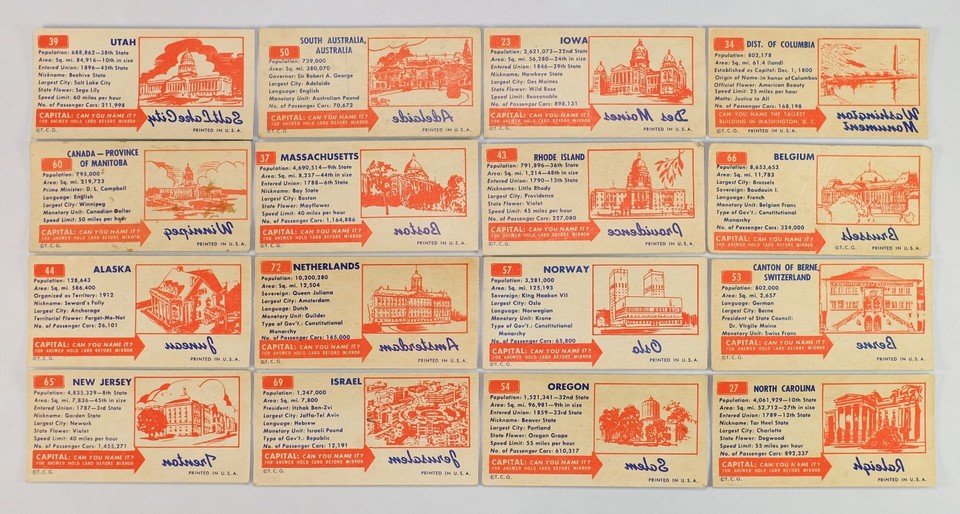 16 Topps Gum 1953 Vintage Trading Card License Plate / State Capitol ...