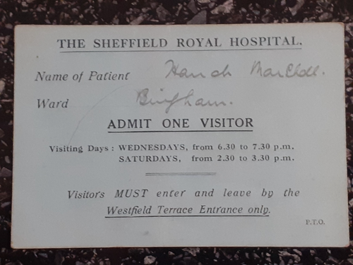 1930s Sheffield Royal Hospital Patient Visitor Admittance Card With ...