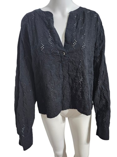 Madewell Long-Sleeve Popover Top in Eyelet True Black Size XL NWT | eBay