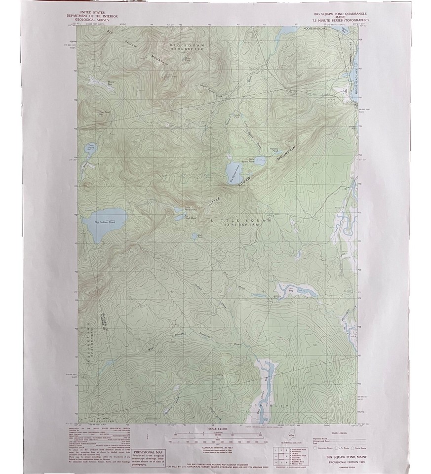 Map Big Squaw Pond Maine USGS 1989 Topographic Geo 1:24000 27x22 ...