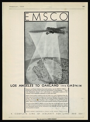 1930 EMSCO CIRRUS Aircraft Plane Vintage Airplane LA Oakland $4.14 gas ...