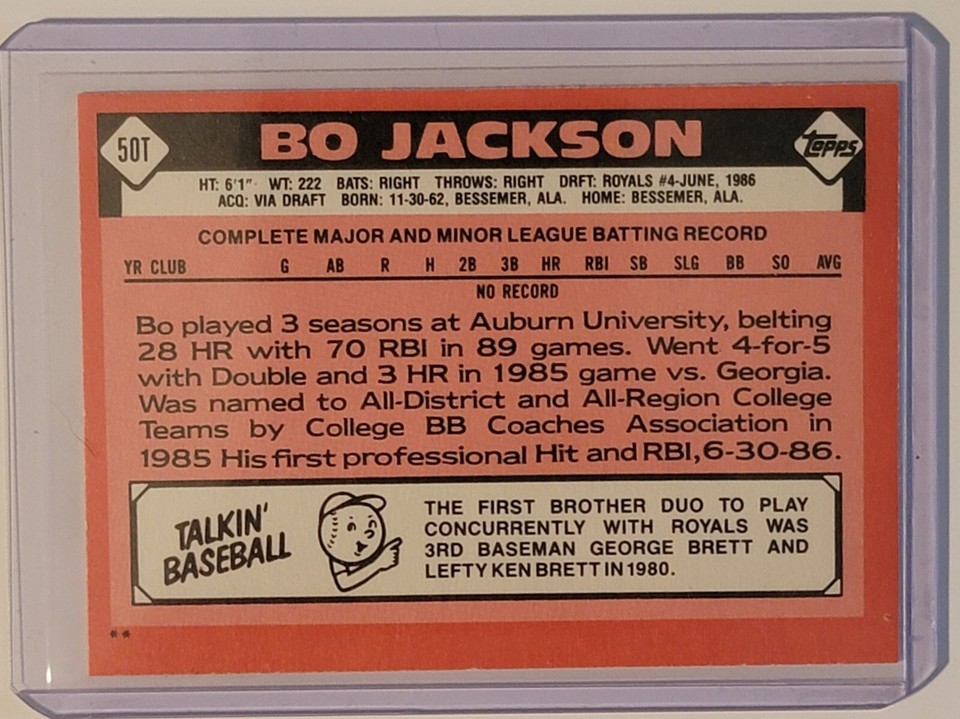 1986 Topps Traded #50T Bo Jackson Rookie Card Kansas City Royals Well ...
