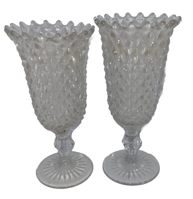 2 COLLECTIBLE ANTIQUE VINTAGE PATTERN GLASS VASES BLAZE SAWTOOTH ...
