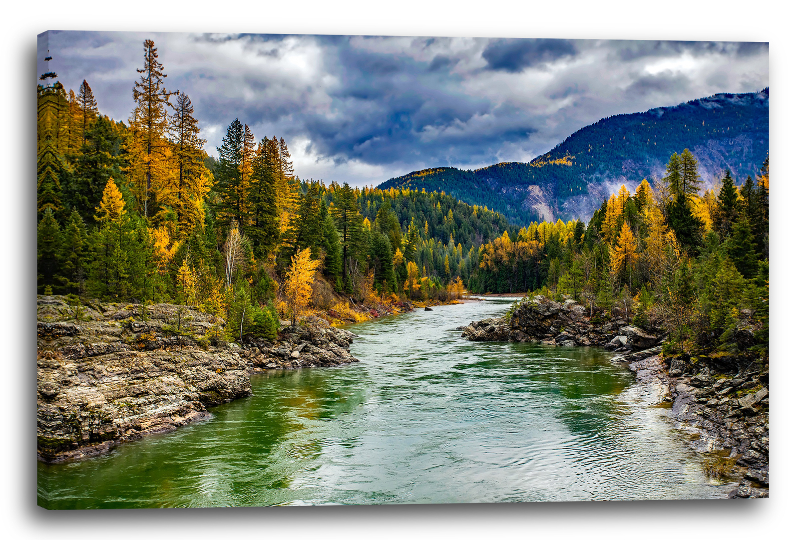 Wandbild Landschaftsbilder grüner Fluss zwischen durchquert Wald, vor ...