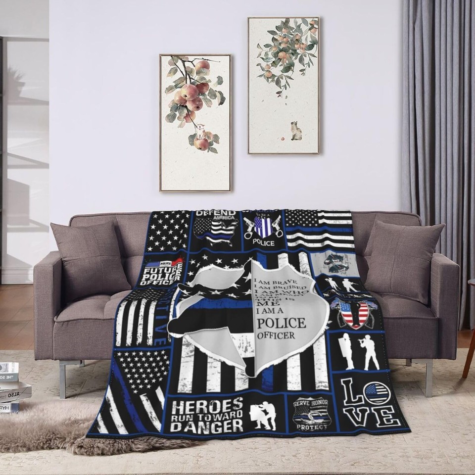 Cop Blue Line American Flag Throw Blanket for Police, Home Decorative ...