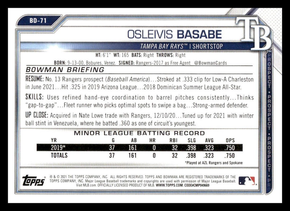2021 Bowman Draft Osleivis Basabe #BD-71 Tampa Bay Rays Baseball Card ...