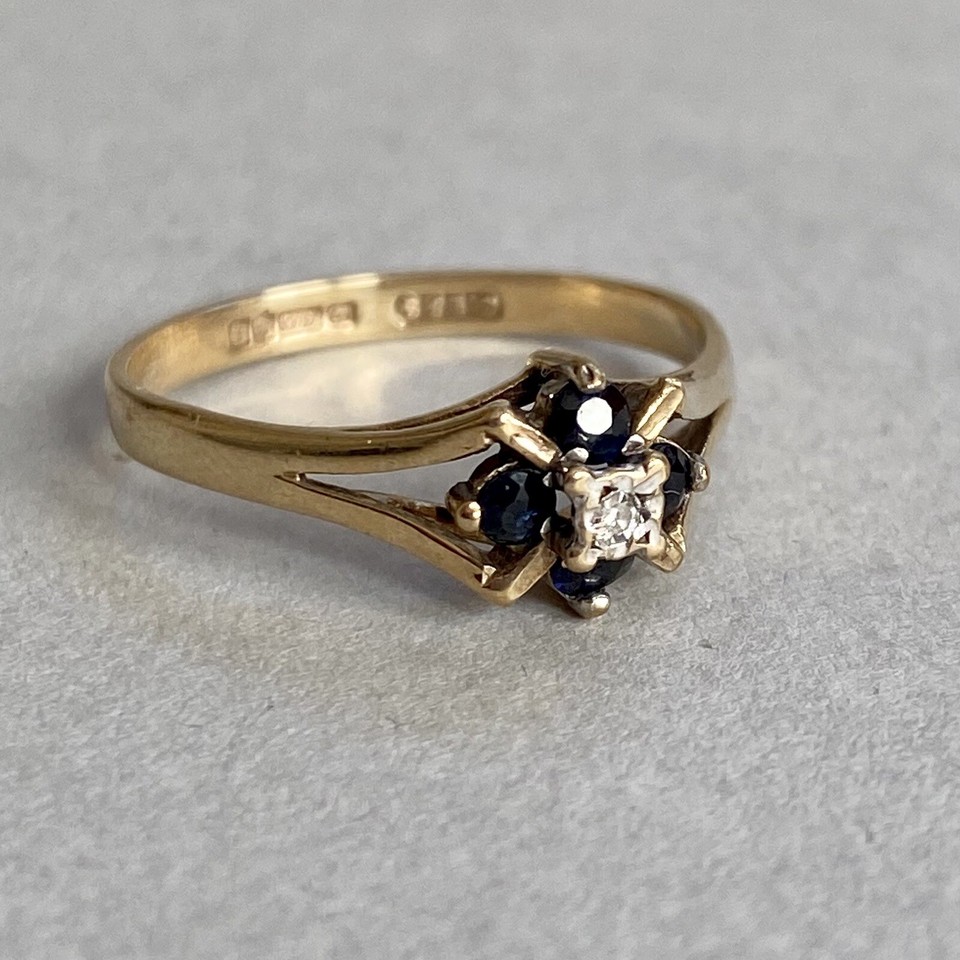 9ct Gold Sapphire & Diamond Cluster Ring Vintage 1981 Edinburgh ...