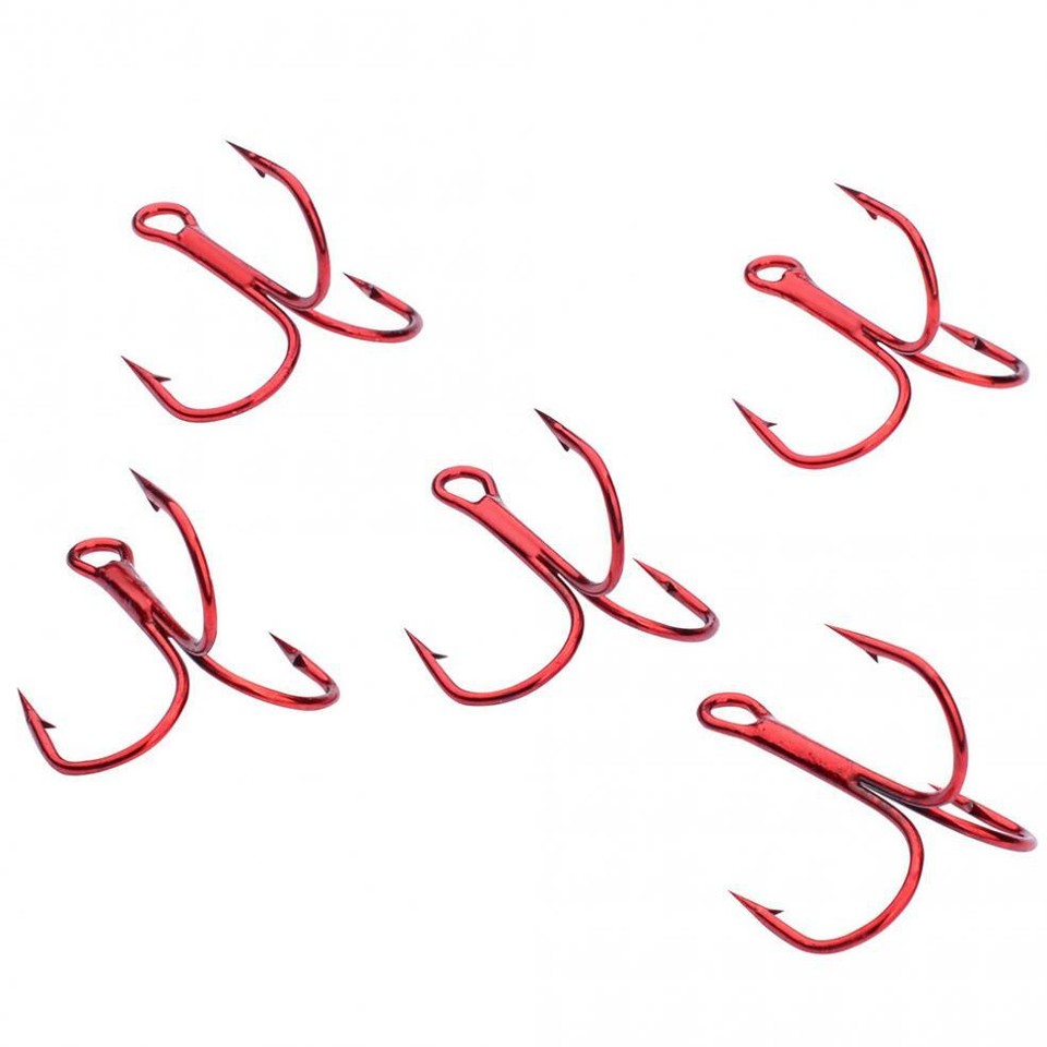 100pcs/Box Red Treble Hooks High Carbon Steel Sharp &Round Bend Size #2 ...