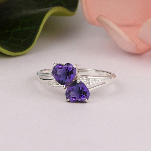 925 Sterling Silver Amethyst Two Stone Heart Shaped Ring Valentine Gift ...