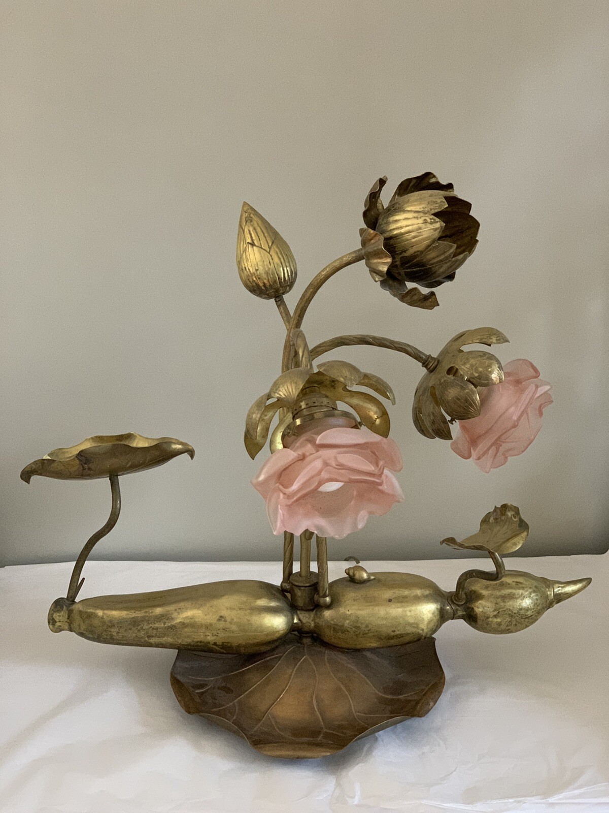 Carole Stupell Brass Figural Art Nouveau Lotus Table Lamp Chinoiserie ...