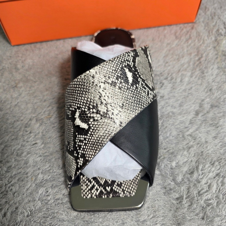 Katy Perry Snakeskin Slide Flat Sandals Black White Metal Toe Accent 7M ...