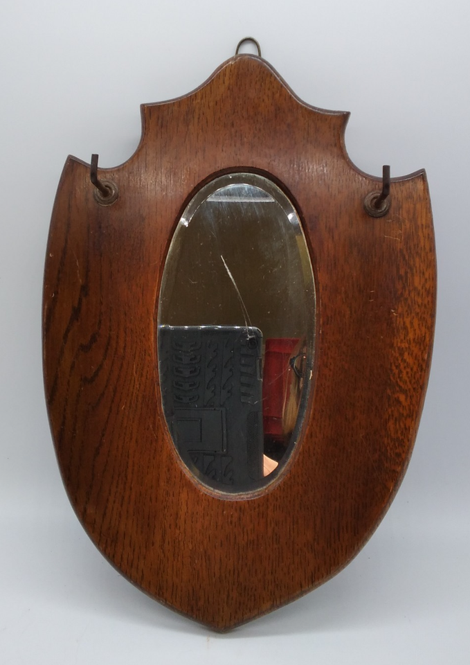 Edwardian Oak Wall Mounted Oval Bevelled Edged Mirror Shield Shape with ...