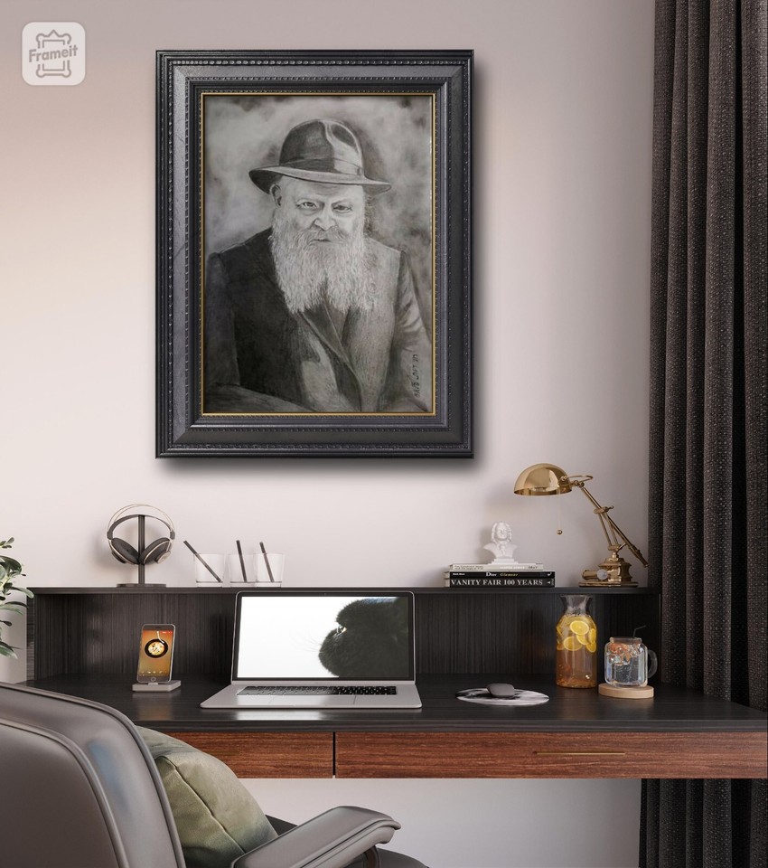 Black and white drawing REBBE LUBAVITCH original mixed media on canvas ...