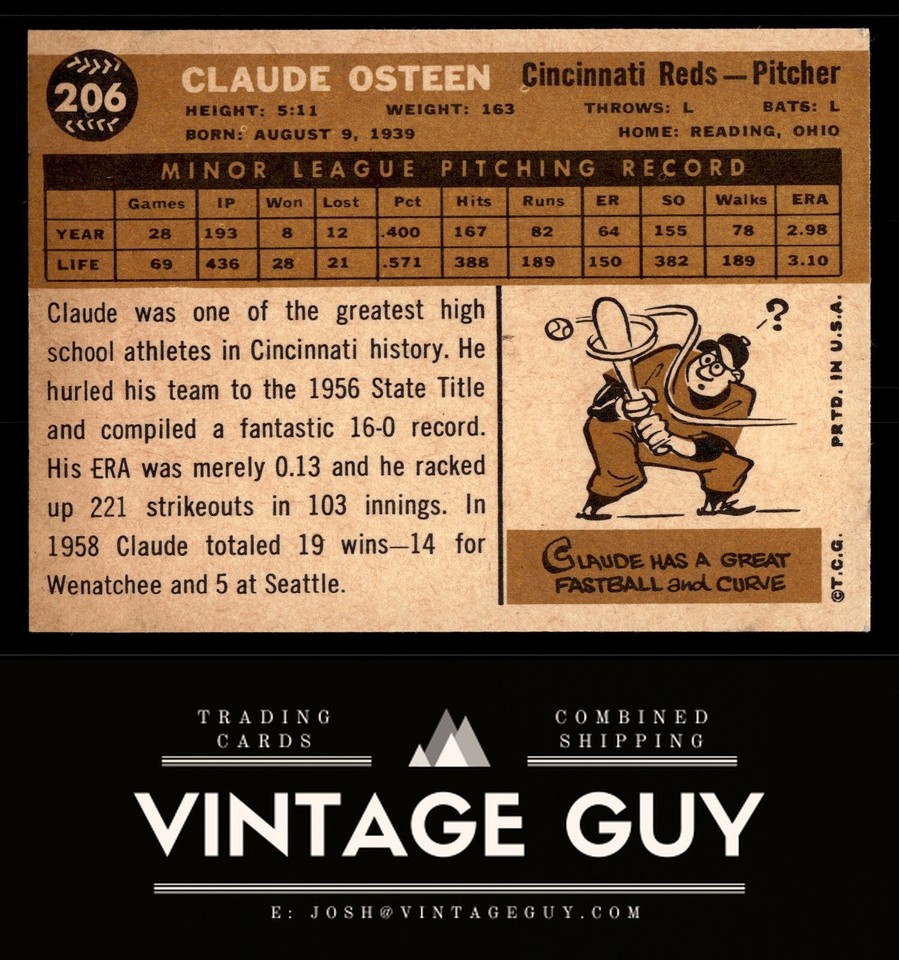 1960 Topps #206 Claude Osteen Vintage Cincinnati Reds Baseball Card | eBay