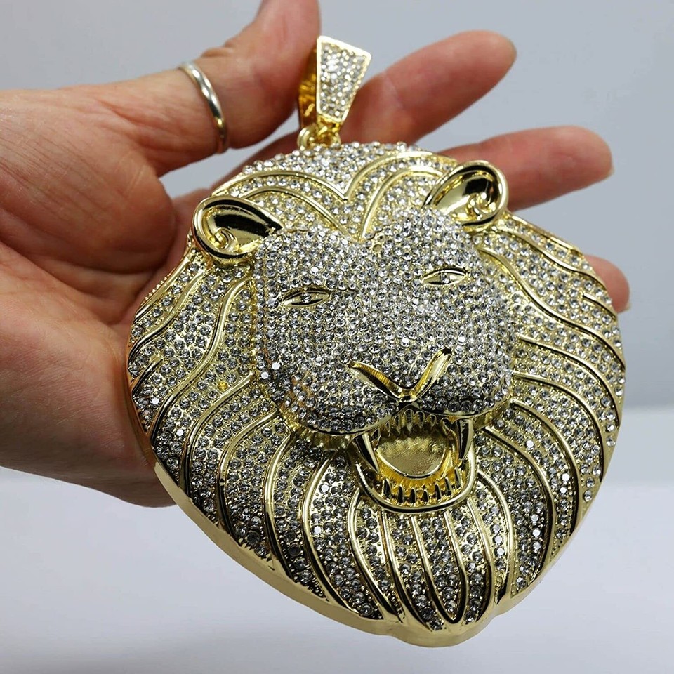 Iced Gold Plated Cubic Zirconia Jumbo Lion Head & 18" ~ 30" Cuban Chain ...