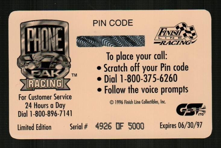 FINISH LINE RACING Tide Car 10, NASCAR ( 1996 ) Phone Card ( EXPIRED ...