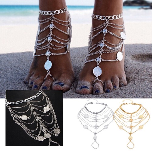 Bling Multilayer Tassel Chain Barefoot Sandals Boho Crystal Anklet ...