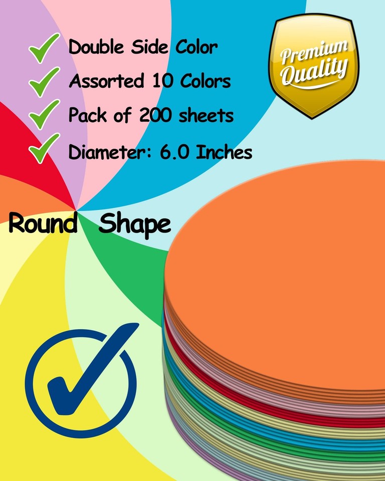 200 Sheets Construction Paper Circles, Assorted Colors, 6 Inch, Kids ...
