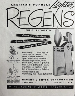 Regens Lighter Corp Fully Automatic Quality Flints Fluid Smoking VTG AD ...