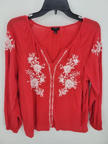 Talbots Top Womens Large Petite Red White Embroidered Boho Peasant ...