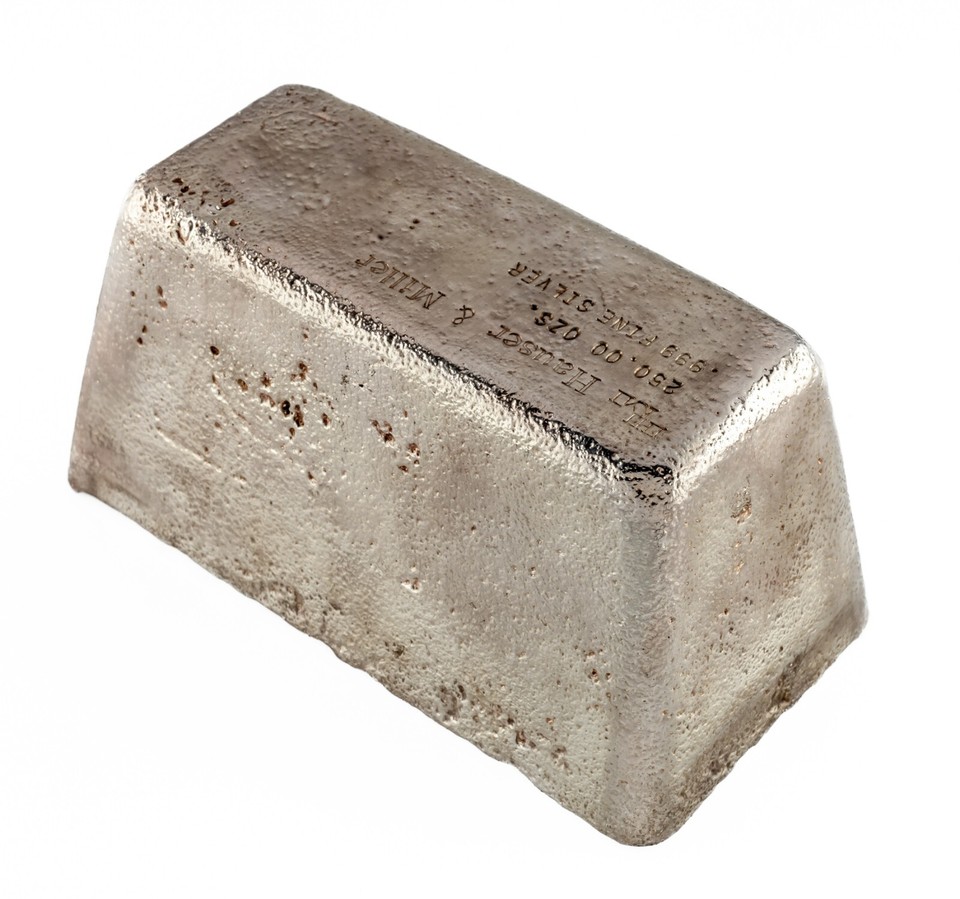 250 Oz. Hauser & Miller Vintage Old Pour .999 Fine Silver Bar w/ Wooden ...