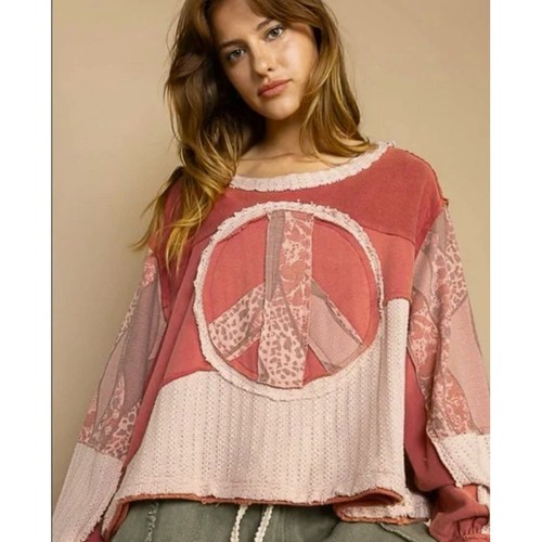 POL Patchwork Peace Sign Sweatshirt Coral Pink Distressed Boho Size L ...