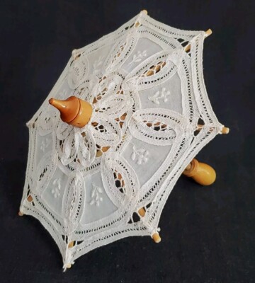Vtg Wood Toy Doll Parasol Umbrella Battenburg Lace Works 7" For Antique ...