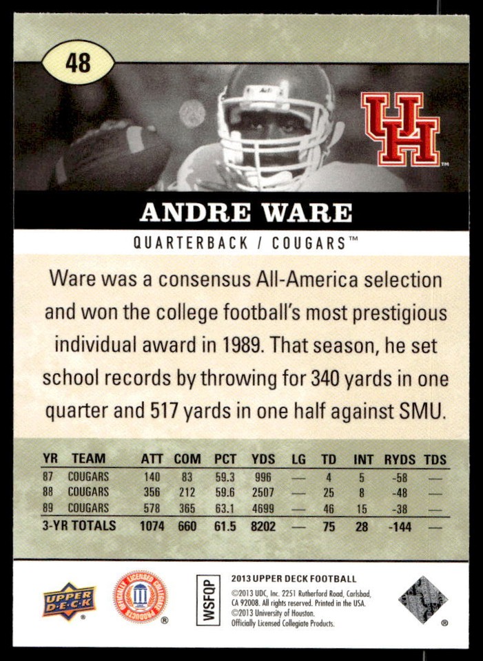 2013 Upper Deck 48 Andre Ware Houston Cougars Football Card | eBay