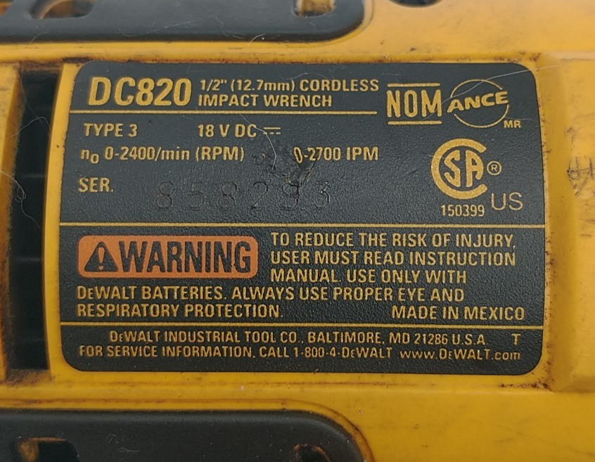 DEWALT DC820 18V 1/2 Cordless Impact Wrench Tool Only Tested and ...