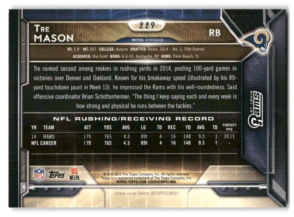 Tre Mason 2015 Topps #229 St. Louis Rams FOOTBALL | eBay