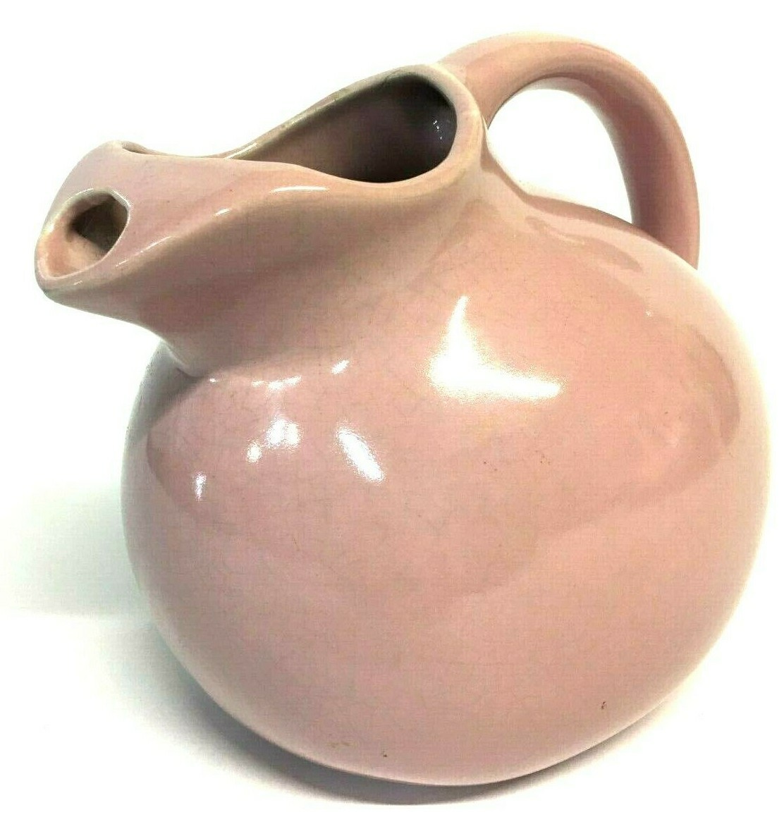 Vtg Light Pink Ceramic Pitcher Ball Round Jug Watering Can Art Mod Deco ...