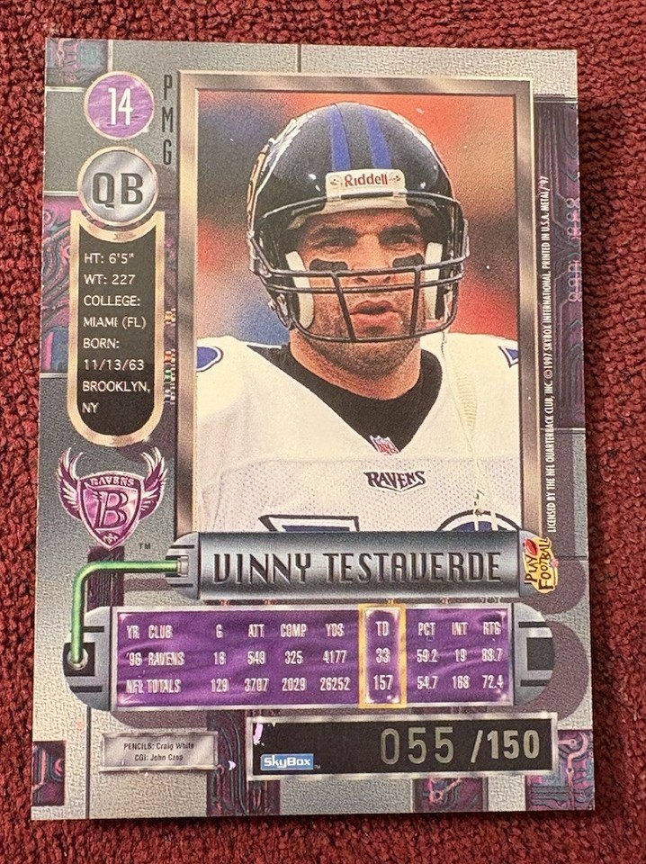1997 Skybox Metal Vinny Testaverde PMG Precious Metal Gems 55/150 ...