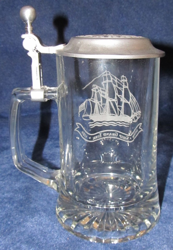 Vintage Glass Stein Pewter Lid Grand Turk Sailing Ship AWLE W. Germany ...