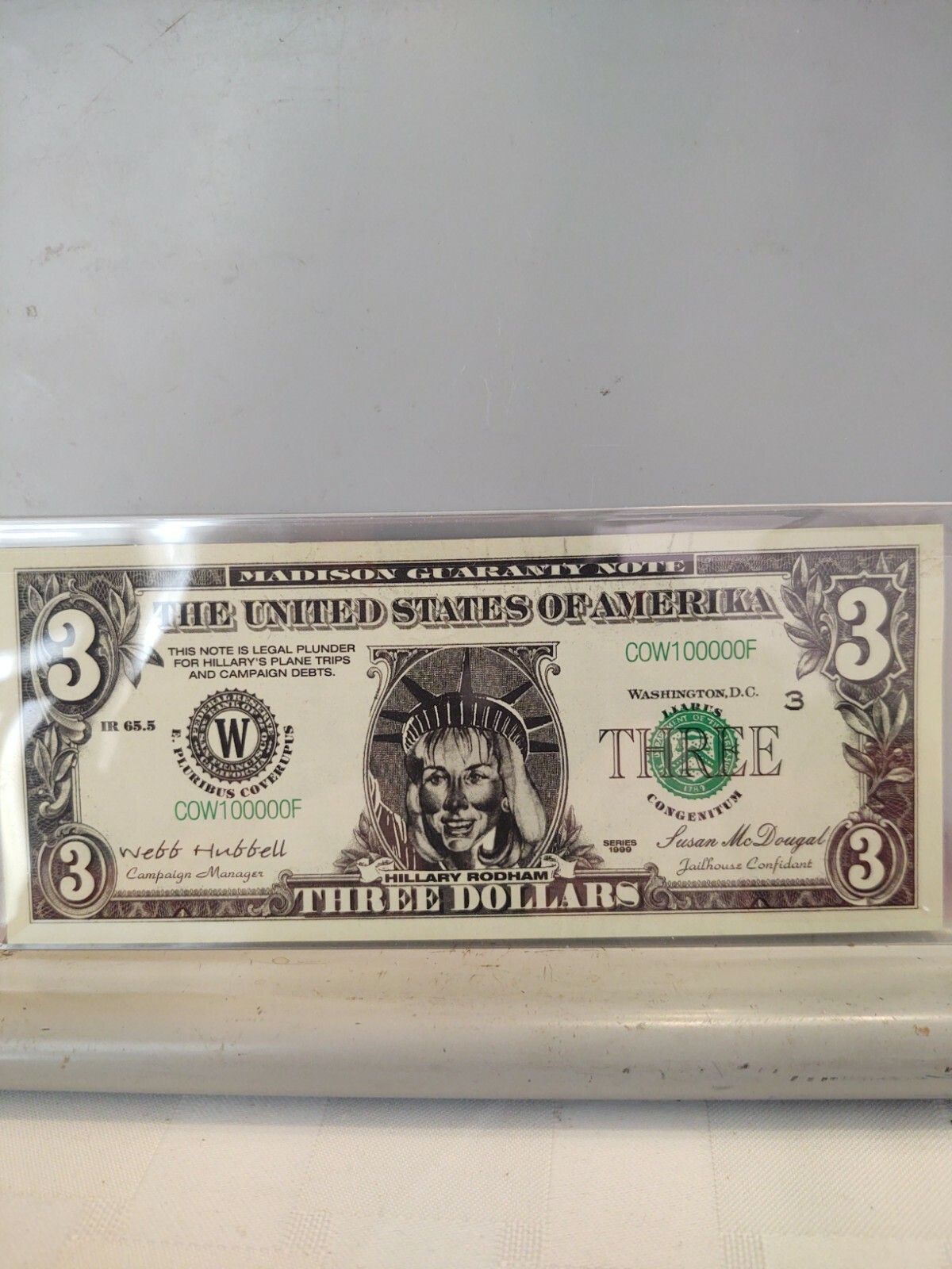 1999 Rare Three Dollar Bill, Hillary RODHAM IN STATUE OF LIBERTY CROWN ...