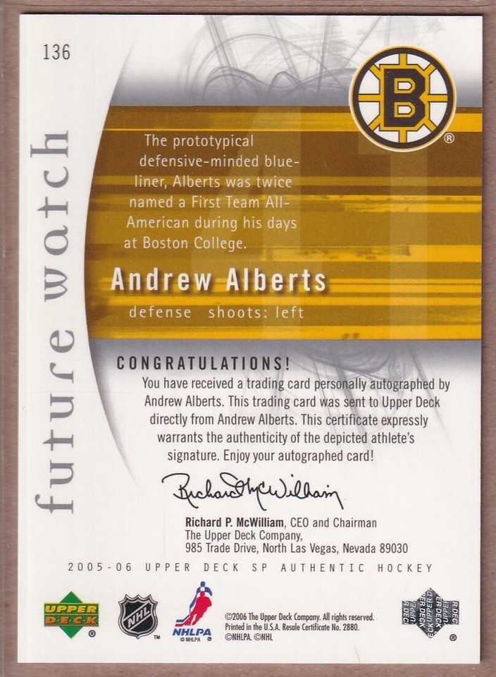 2005-06 SP Authentic Future Watch #136 Andrew Alberts RC AUTO /999 ...