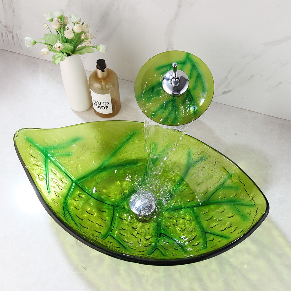 Leaf Shaped Glass Vessel Basin Sink&Bowl Chrome Waterfall Faucet Combo ...