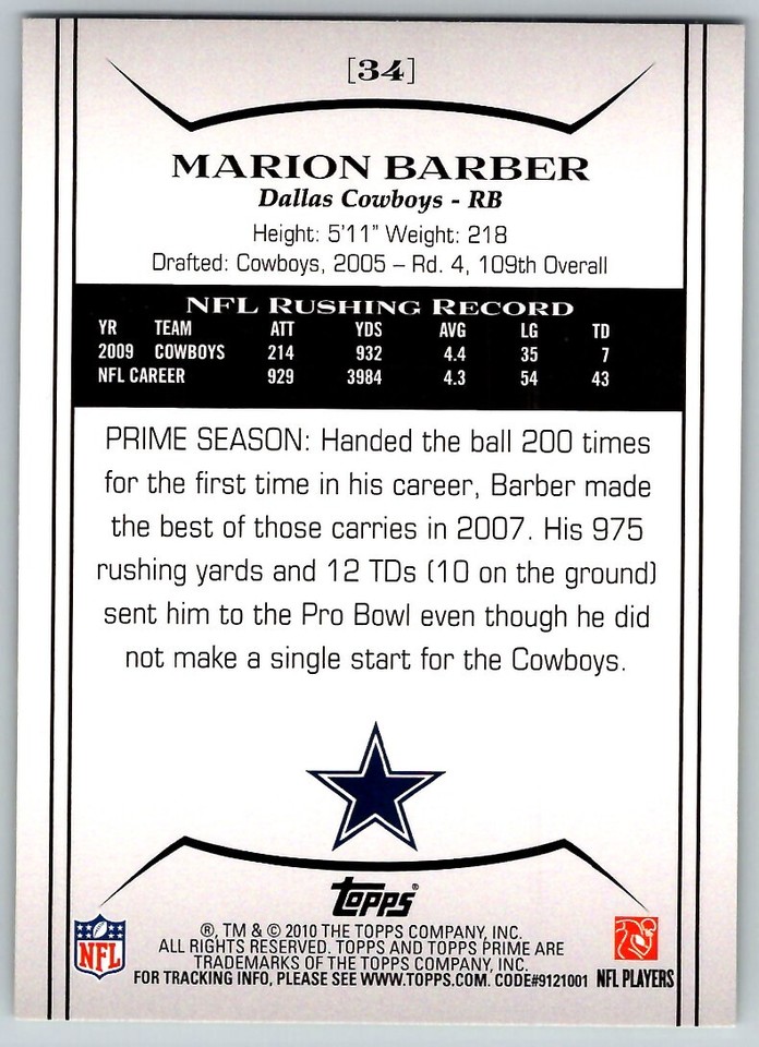 2010 TOPPS PRIME MARION BARBER DALLAS COWBOYS #34 | eBay