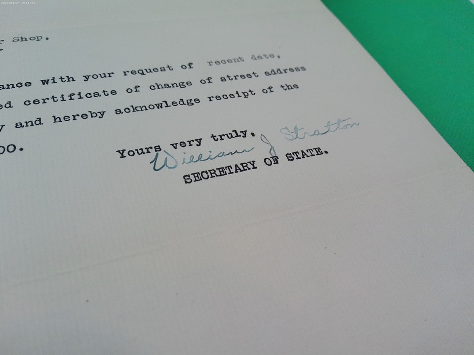 Governor Illinois William Stratton Secretary State hand signed ...