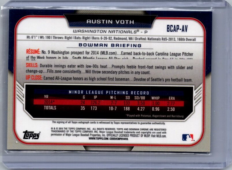 2015 Bowman Chrome #BCAP-AV Austin Voth Prospect Autographs | eBay