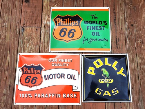 3 PORCELAIN SIGNS PHILLIPS 66 FINEST QUALITY MOTOR OIL & POLLY GAS ...
